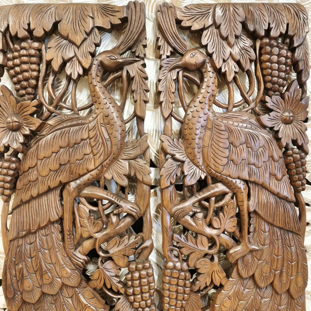 Wood Carving Peacock and Grape Vine Panel Wall Art Hanging Asian - Etsy