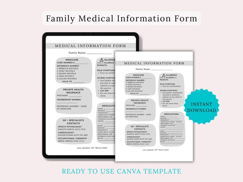 Family Medical Information Form Printable | Emergency Medical Info ...