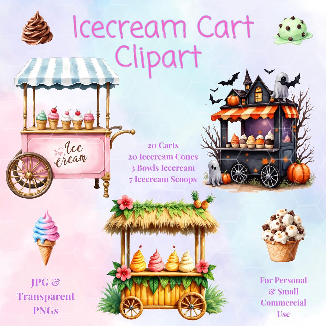 Ice Cream Cart Clipart Pack, 50 Sweet Treat Designs, Invitation ...