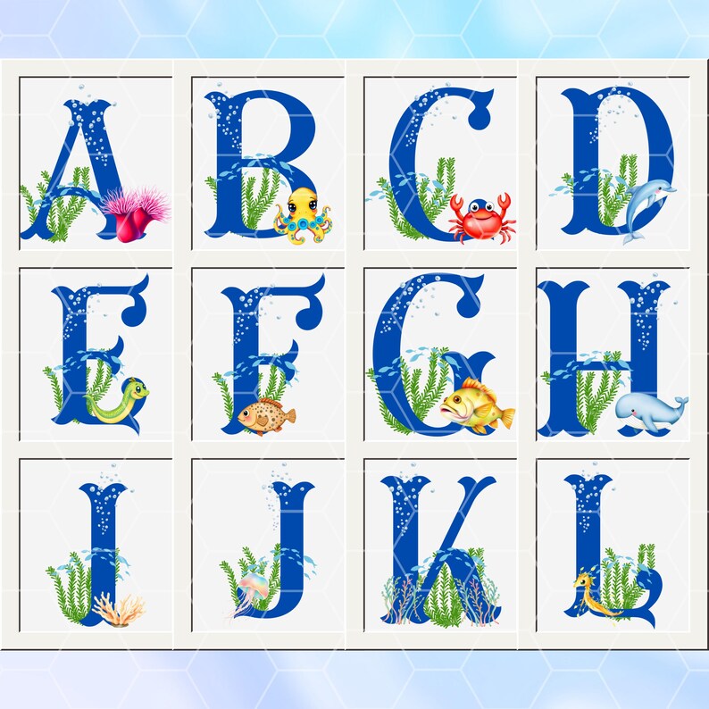 Ocean Alphabet Clipart, Transparent PNG, Monogram, Children's Art Print ...
