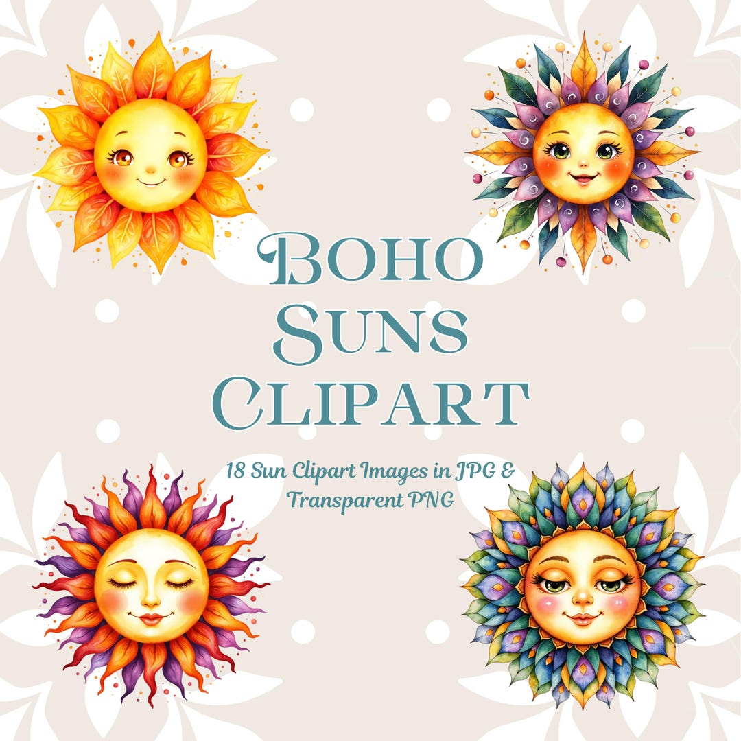 Friendly Boho Suns Clipart Pack, JPG & Transparent PNG Files Included ...