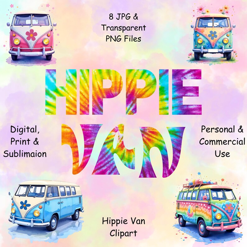 Hippie Van Clipart, 8 JPG Files, 8 Transparent PNG Files, Instant ...