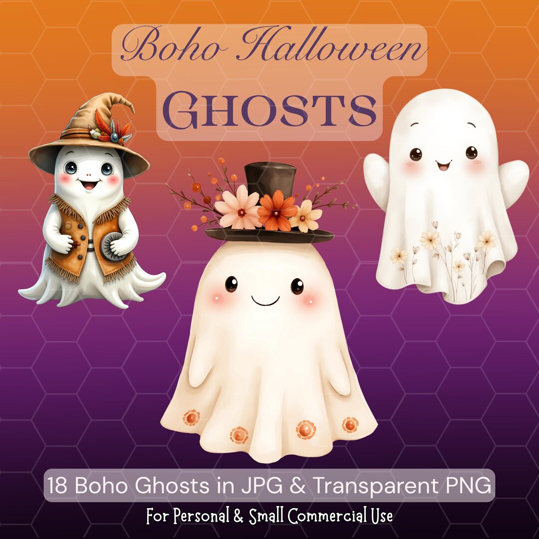 Boho Halloween Ghosts Clipart Pack | 18 JPG & PNG Graphics for ...