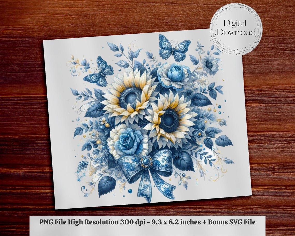 Blue Toile Sunflowers PNG + SVG for 20 Oz Skinny Tumbler Wrap ...