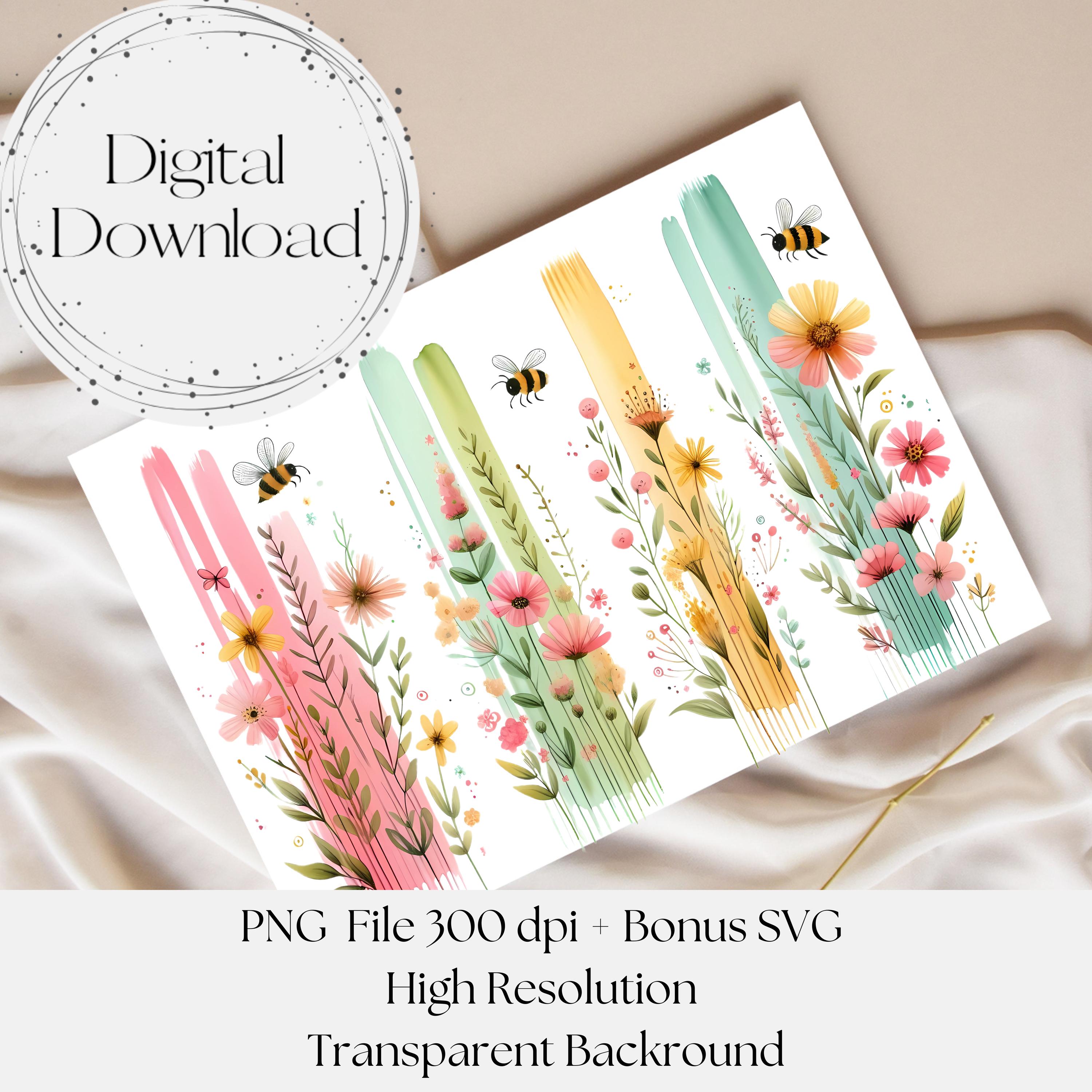 Bee Flowers Brushstroke PNG Design + SVG for Sublimation Design Digital ...