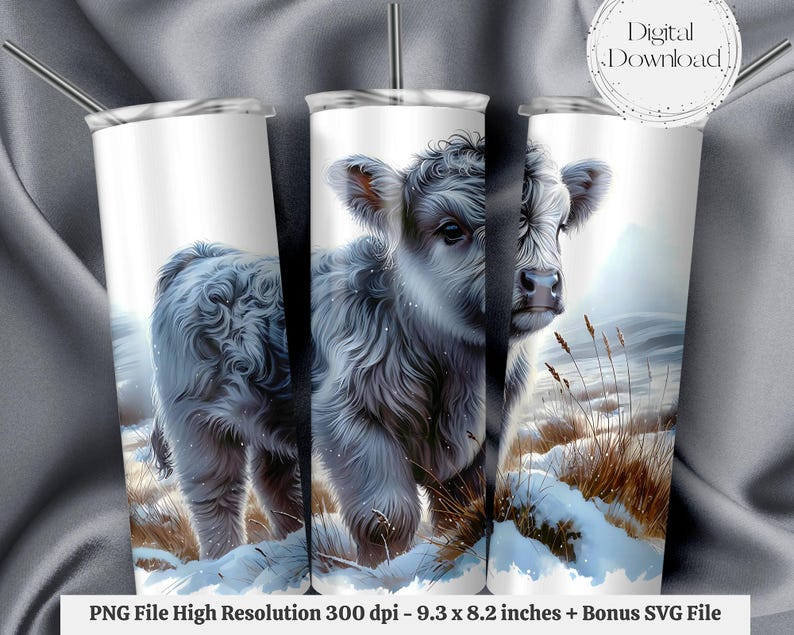 Silver Gray Highland Cow PNG + SVG for 20 Oz Skinny Tumbler Wrap ...