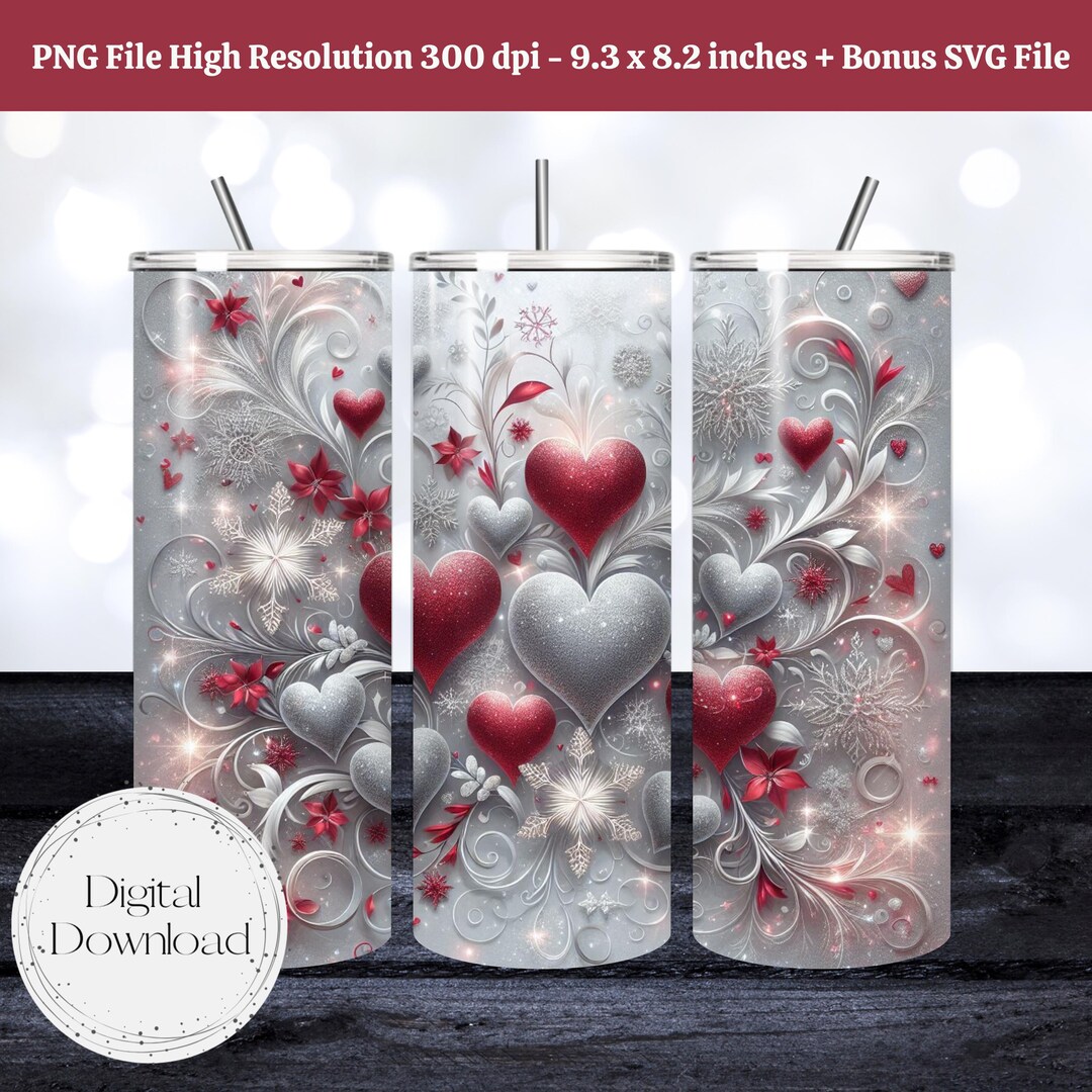 Red and Silver Glitter Hearts PNG + SVG for Valentine's Day Tumbler ...