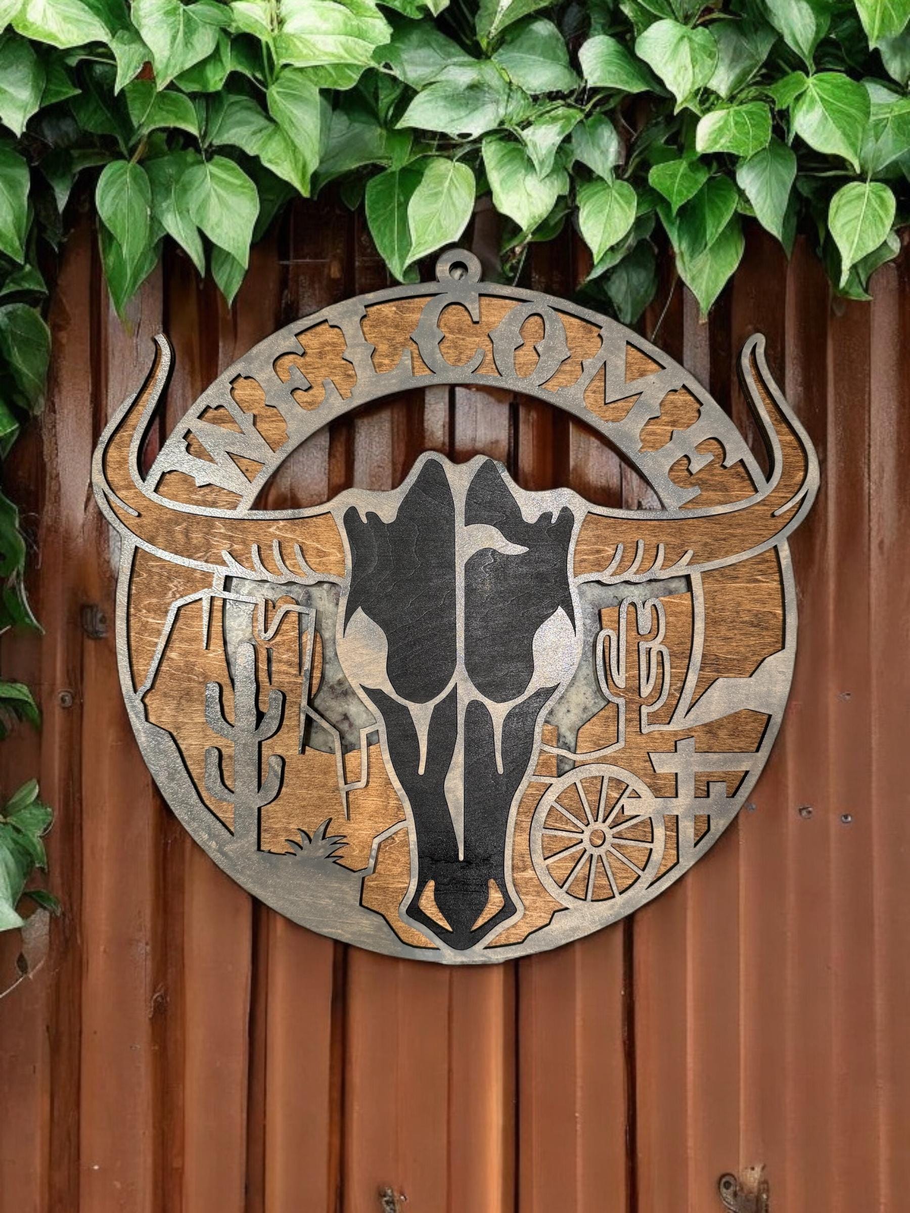 Western Welcome Sign, Longhorn Skull Door Hanger, Rustic Cowboy Home ...