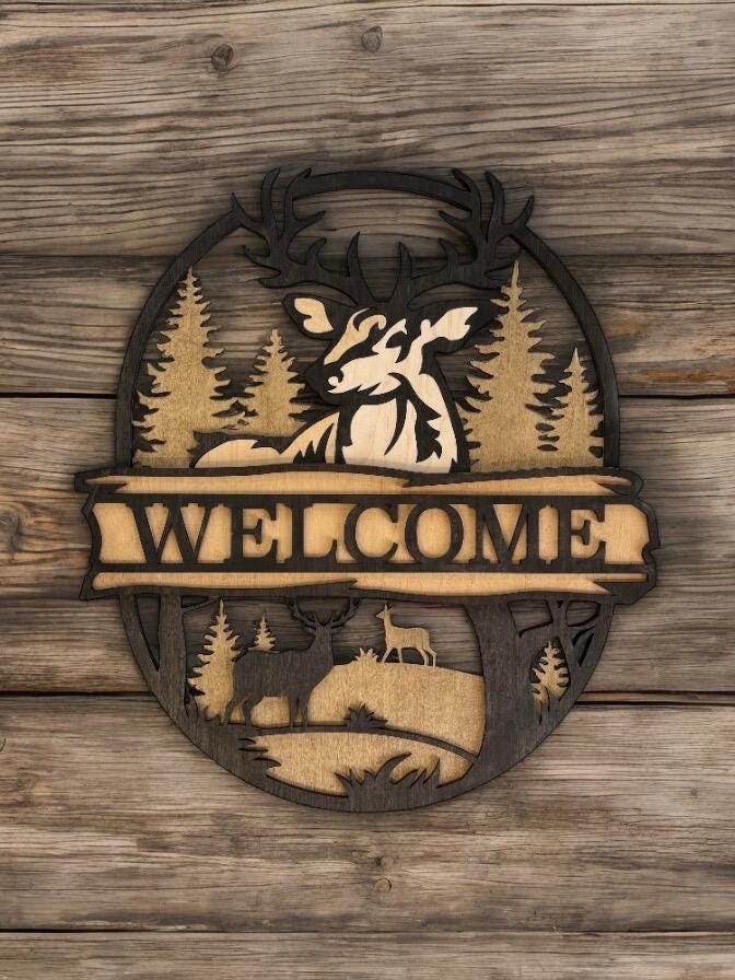 Deer Welcome Sign – Laser Cut Wooden Sign – Rustic Wildlife Wall Art ...