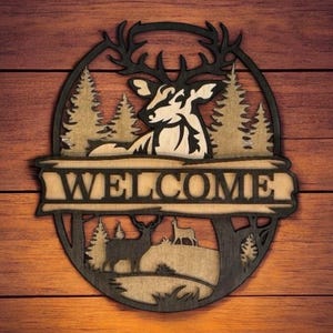 Deer Welcome Sign – Laser Cut Wooden Sign – Rustic Wildlife Wall Art ...