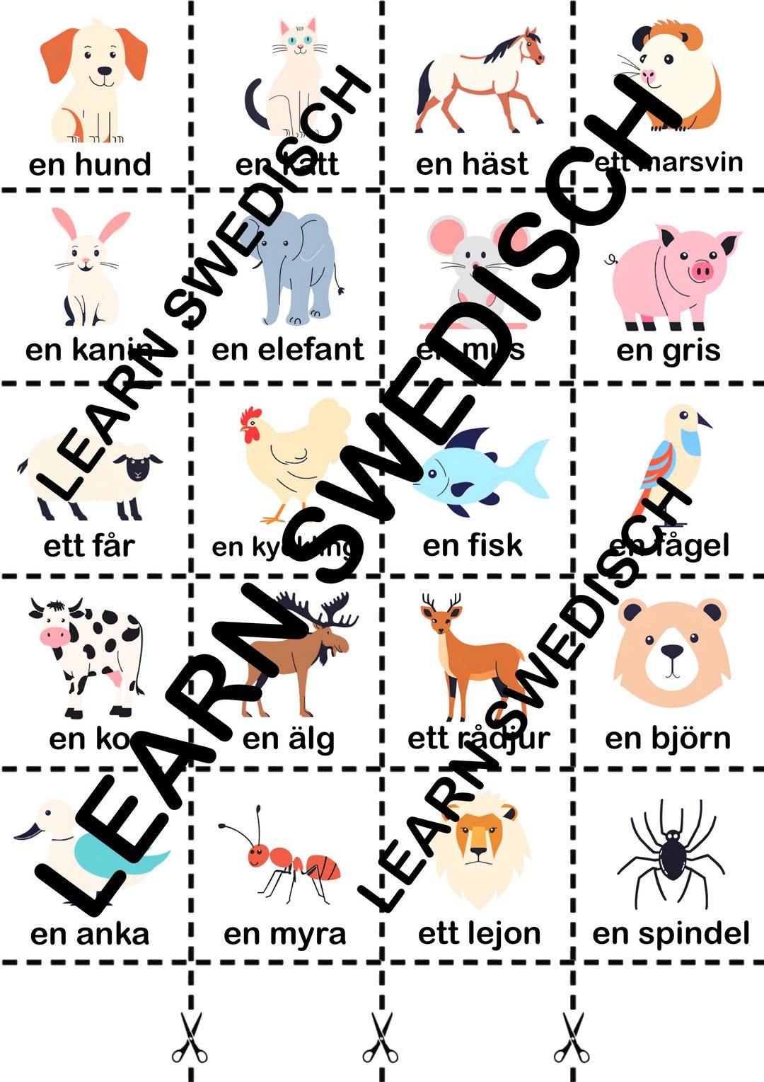 Learn Animals in Swedish Icons for Children Memory Game - Etsy