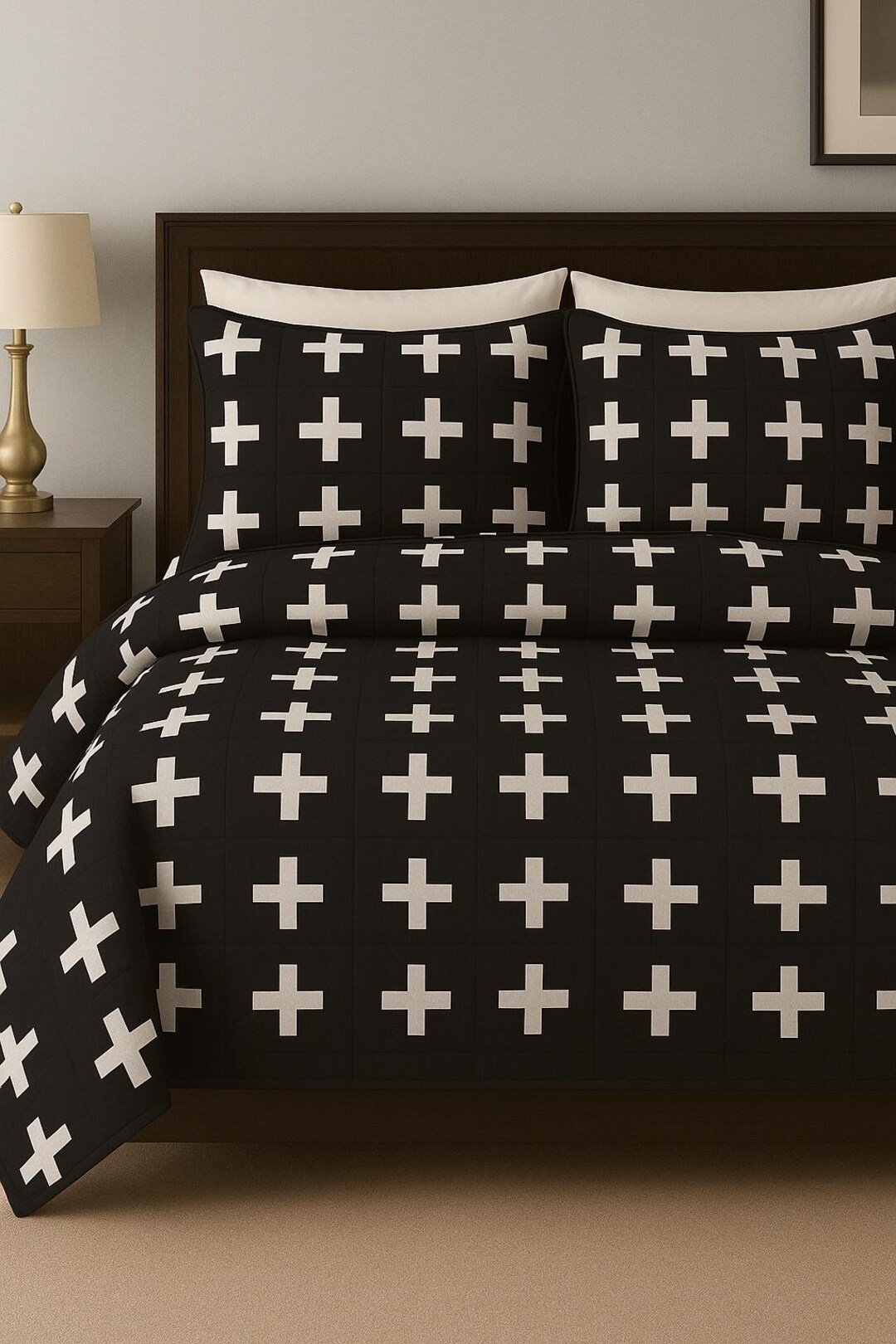 Swiss Cross Quilted Bedding Set: Black and White Cotton Coverlet - Etsy