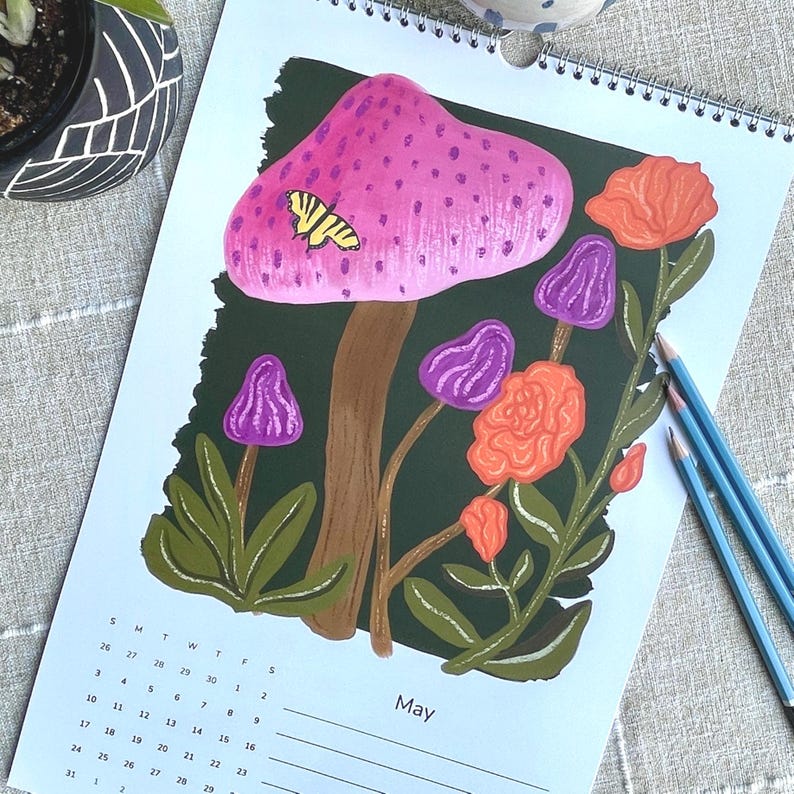 2026 Large Wall Calendar | Whimsical Blooms and Shrooms Art | Flowers ...