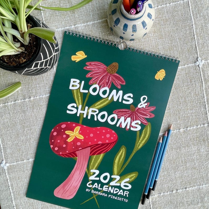 2026 Large Wall Calendar | Whimsical Blooms and Shrooms Art | Flowers ...