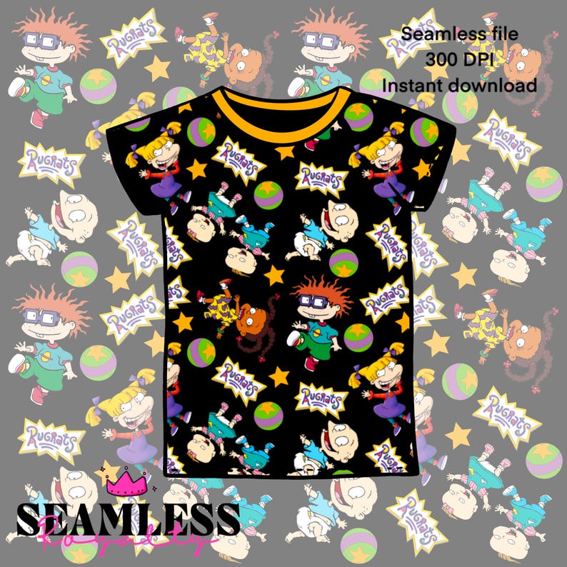 Rugrats Inspired Seamless Pattern | 90s Cartoon Kids PNG | Black ...