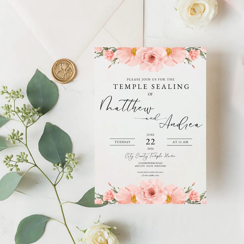 LDS Temple Sealing Invitation – Blush Floral Wedding Invite | Instant ...