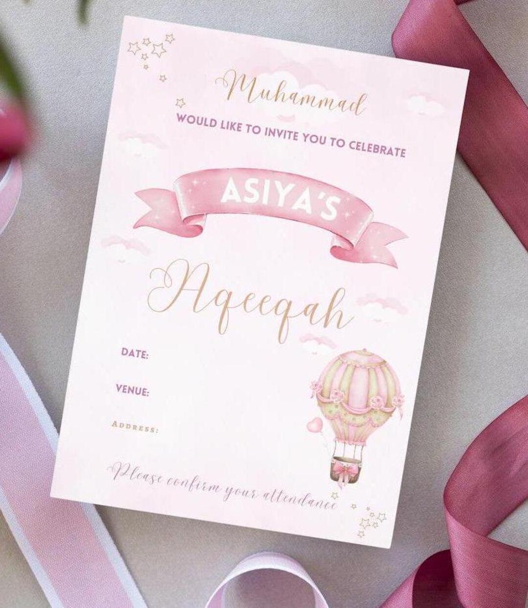 Digital Muslim Aqiqah Invitations Cards | Hot Air Balloon Theme | Baby ...