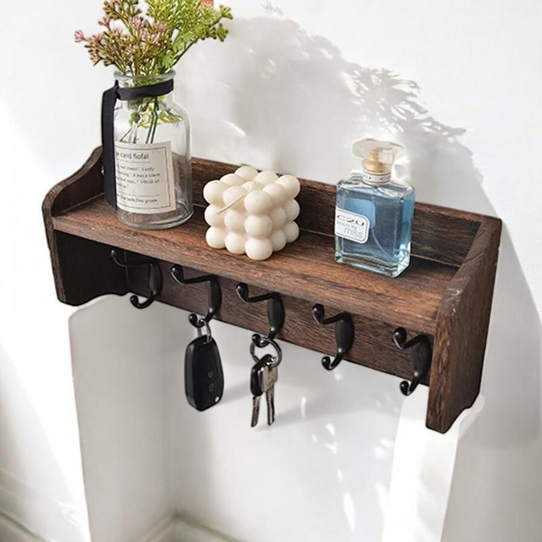 Rustic Wood Wall Mounted Coat Rack With Shelf – Entryway Key Holder ...