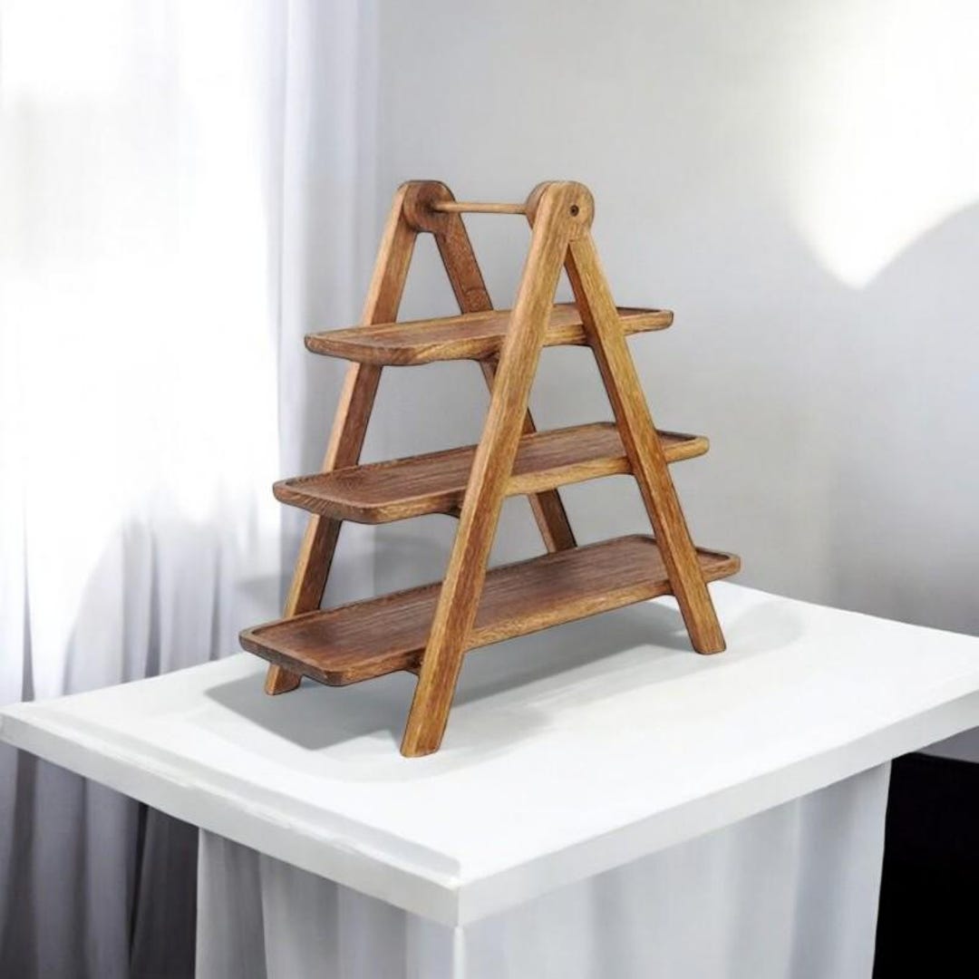 Rustic Wooden 3-tier Display Stand | Foldable Ladder Shelf for Kitchen ...