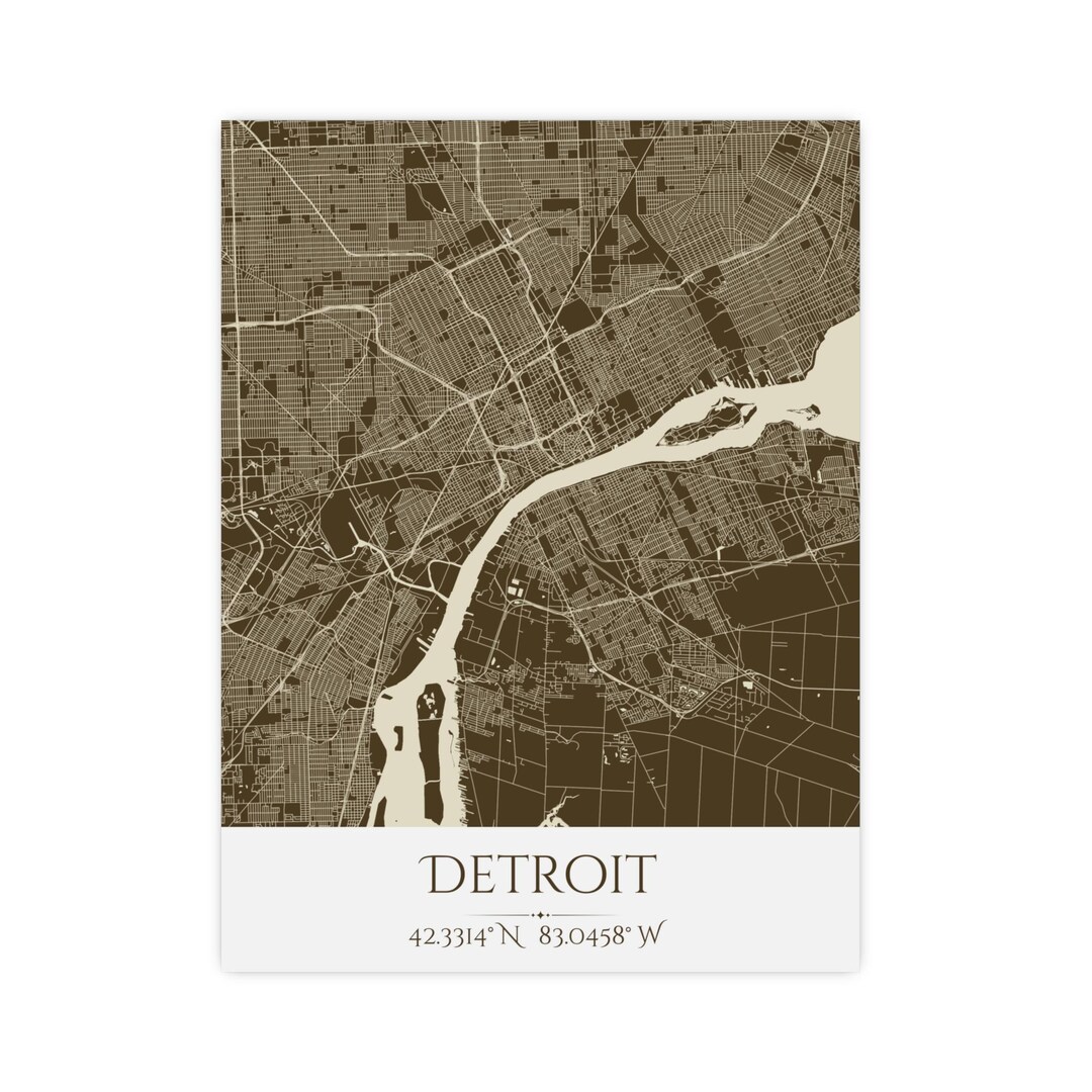 Detroit Map With Coordinates Poster, Matte Wall Art Print for Home ...