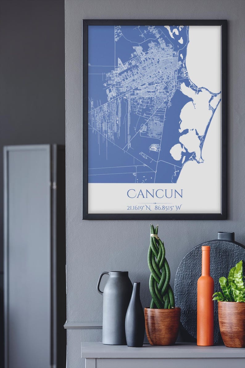 Cancun Map With Coordinates Poster, Matte Wall Art Print for Home Decor ...