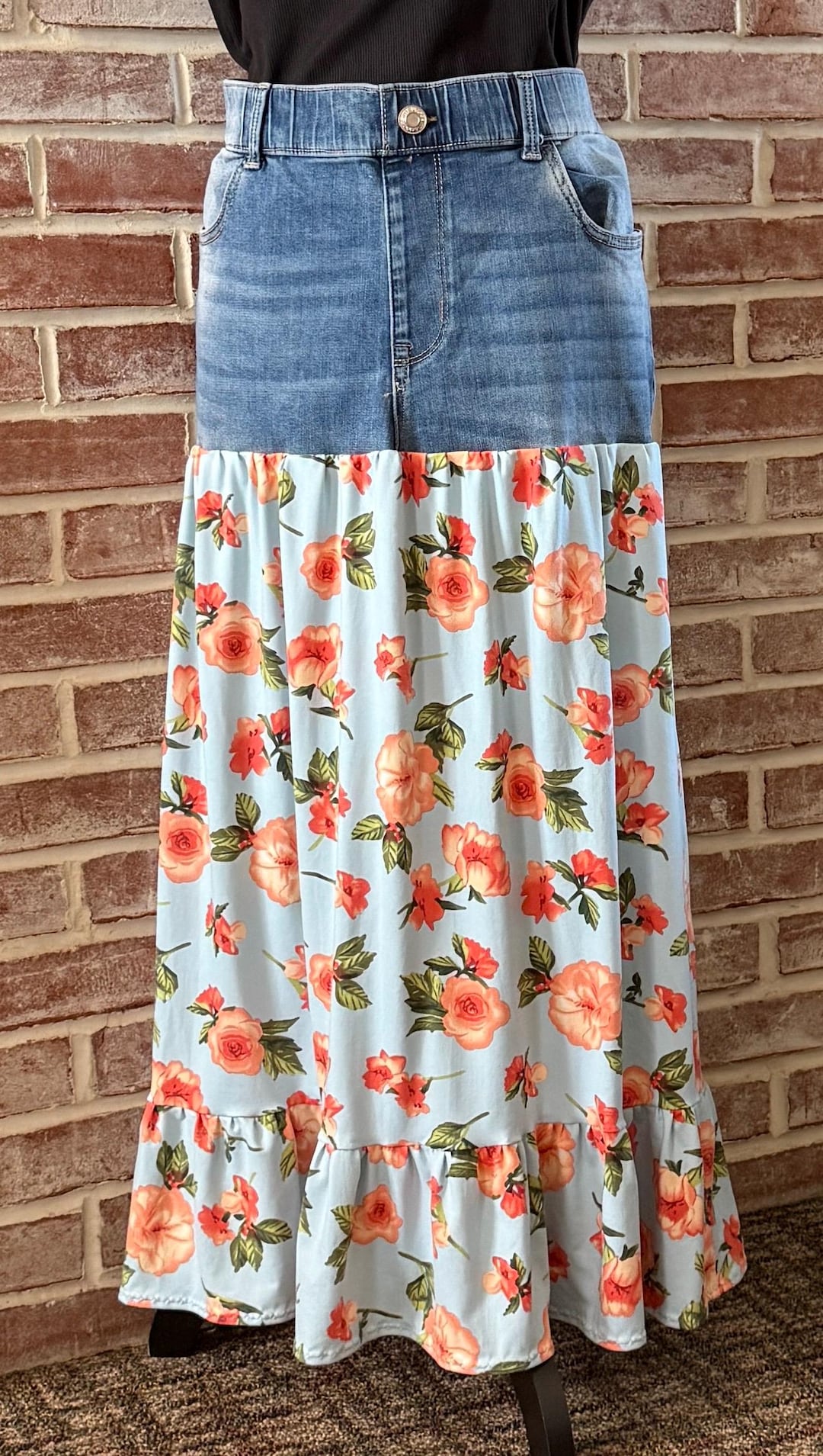 Women’s Jean Denim Knit Skirt Modest Handmade Up-cycled Refashioned ...