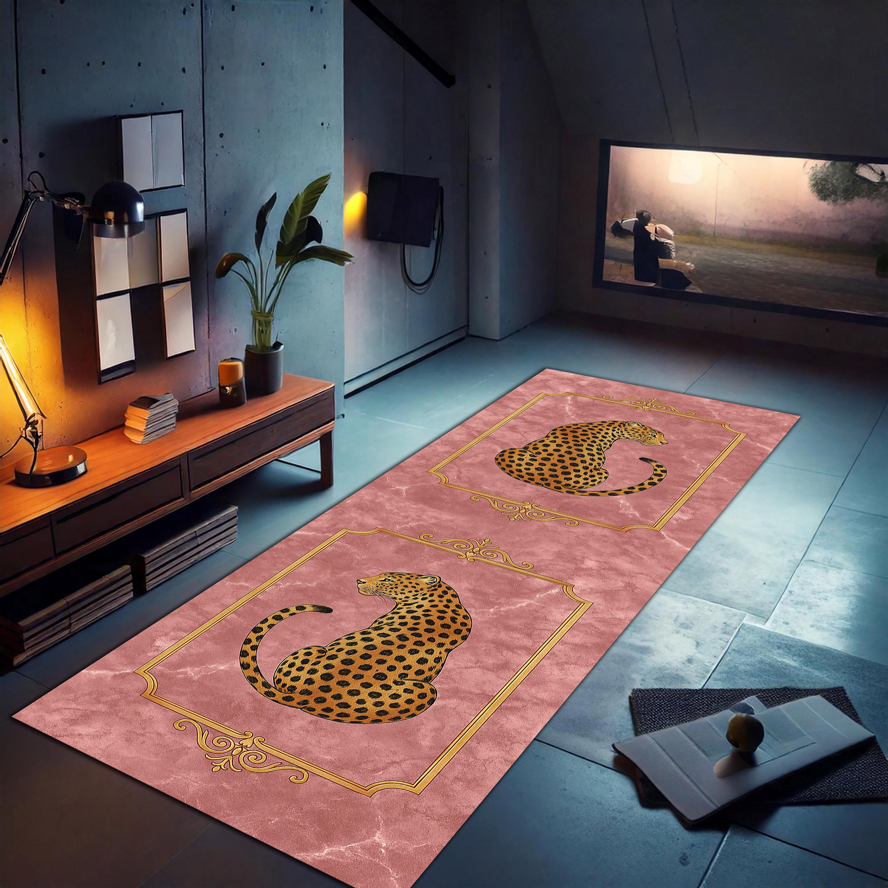 Pink Leopard Runner Rug, Animal Print Hallway Carpet, Modern Washable ...