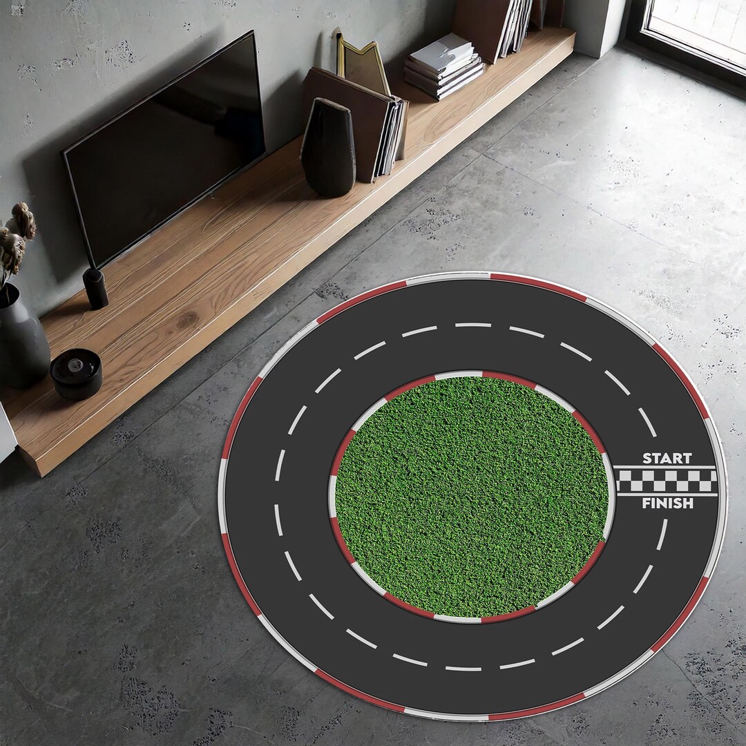 Kids Round Race Track Rug | Start Finish Car Road Carpet | Fun Racing ...