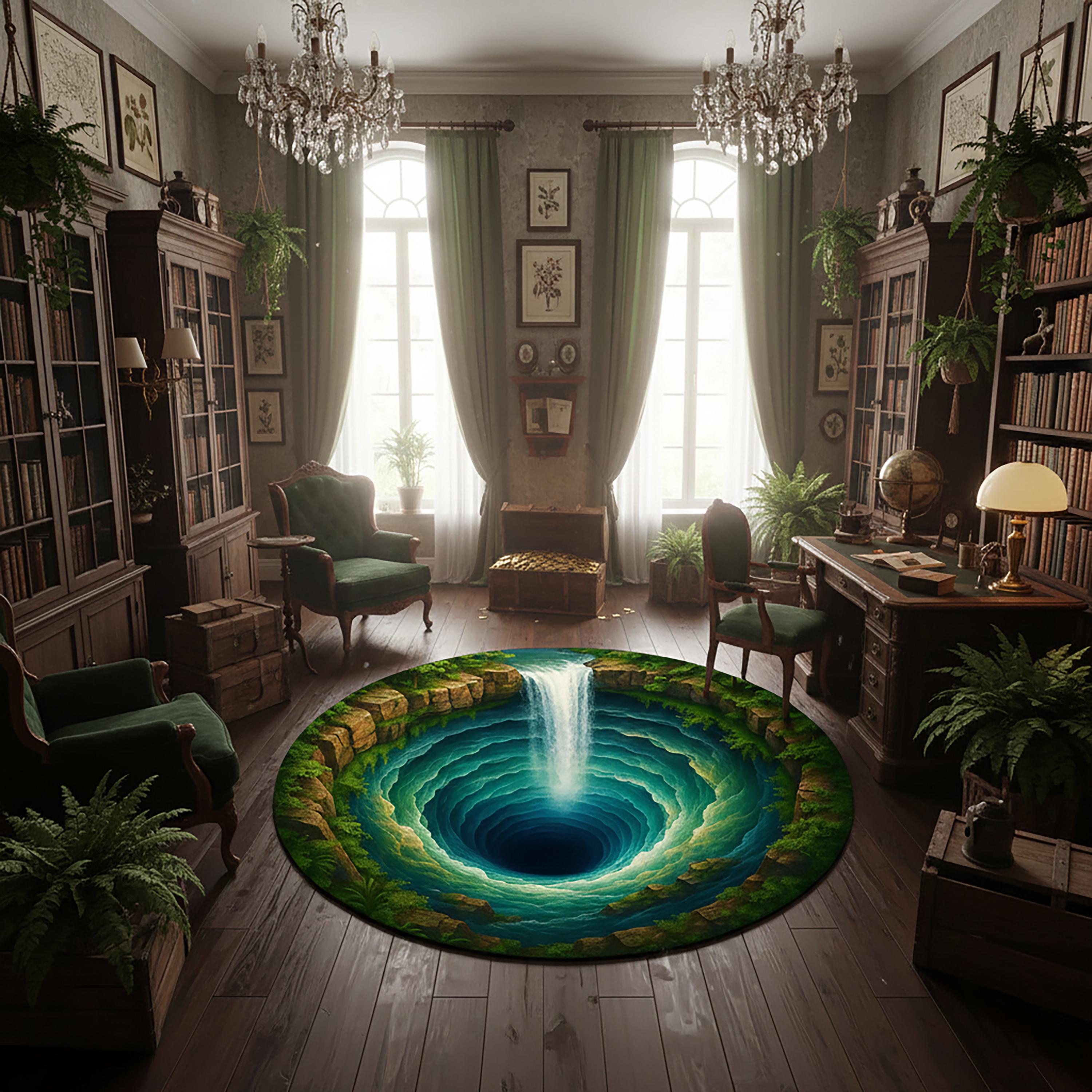 3D Waterfall Illusion Round Rug, Optical Depth Cave Carpet, Nature ...