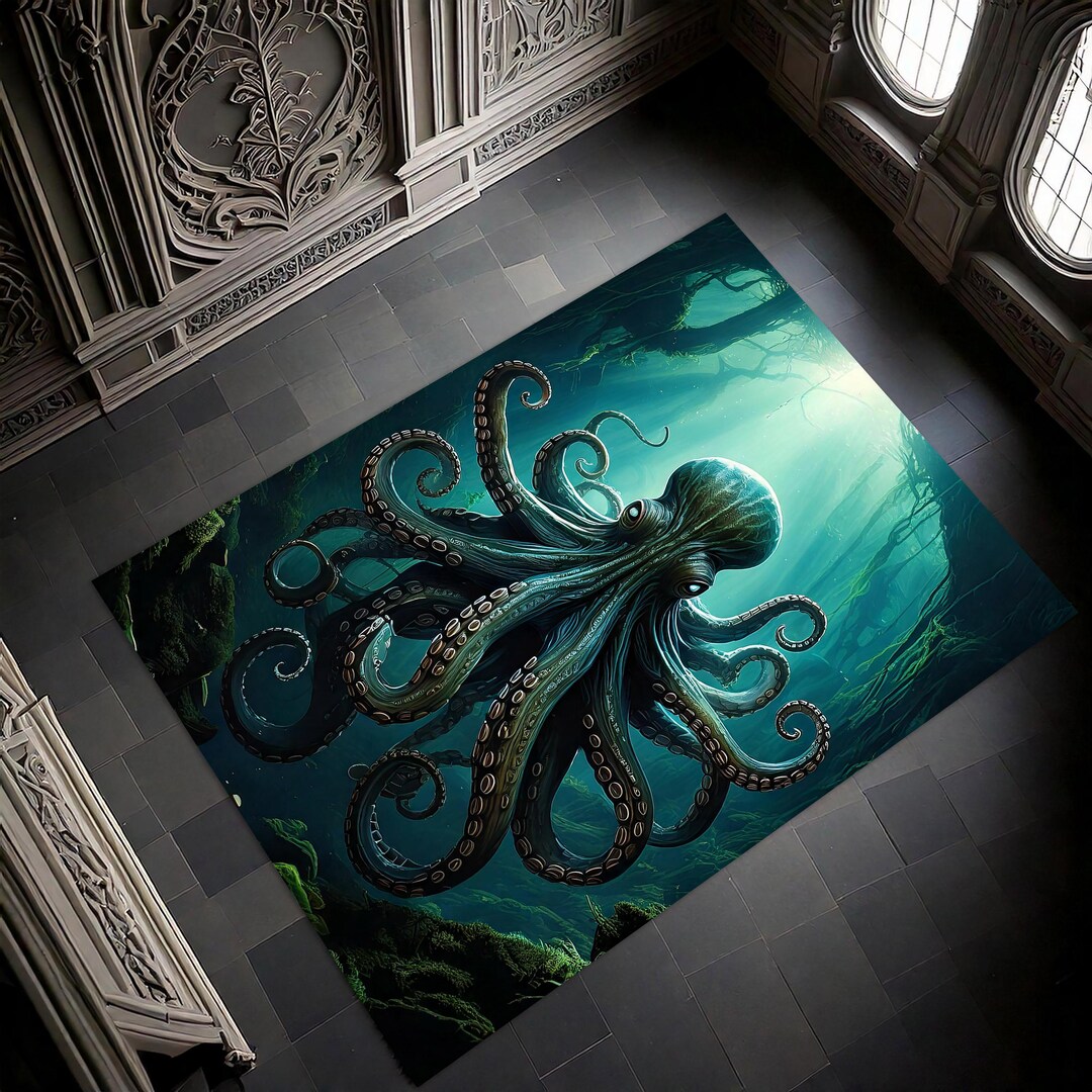 Blue Ocean Octopus Rug | Scary Octopus Design | Dark Ocean-themed ...