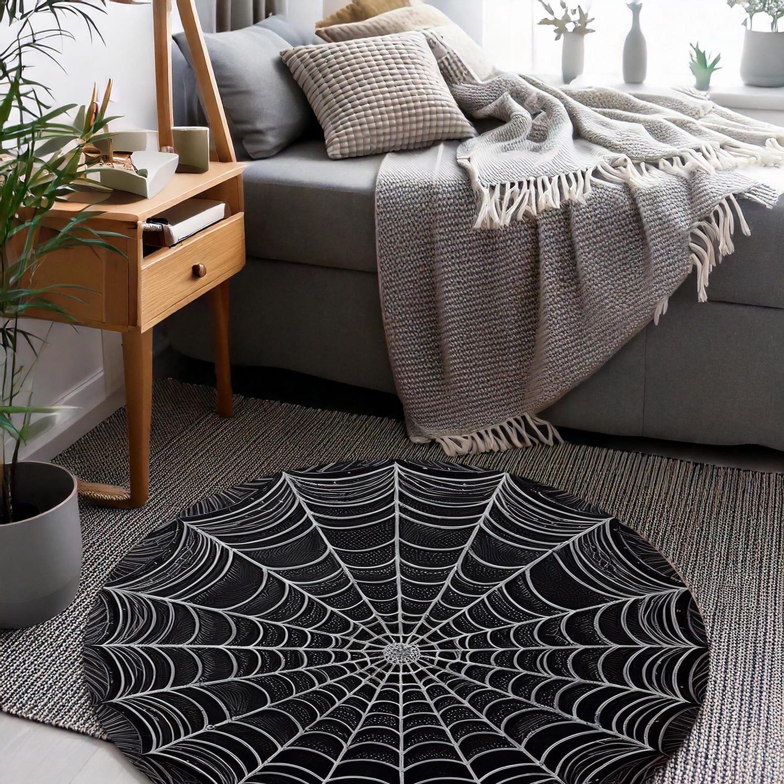 Spider Web Round Rug | Black Background With Web Design Carpet | Creepy ...