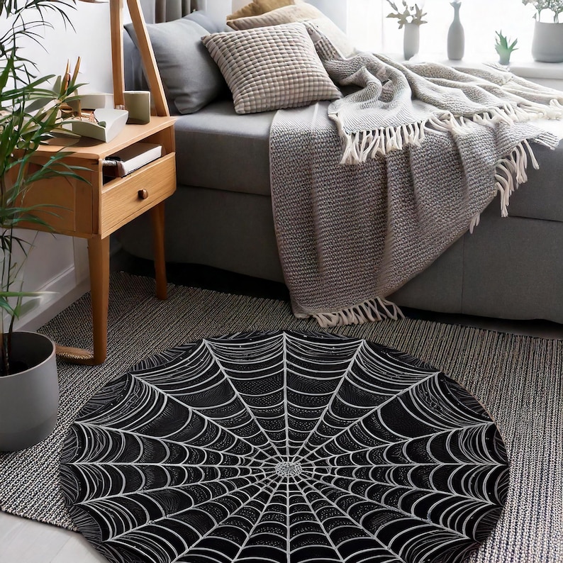 Spider Web Round Rug | Black Background With Web Design Carpet | Creepy ...