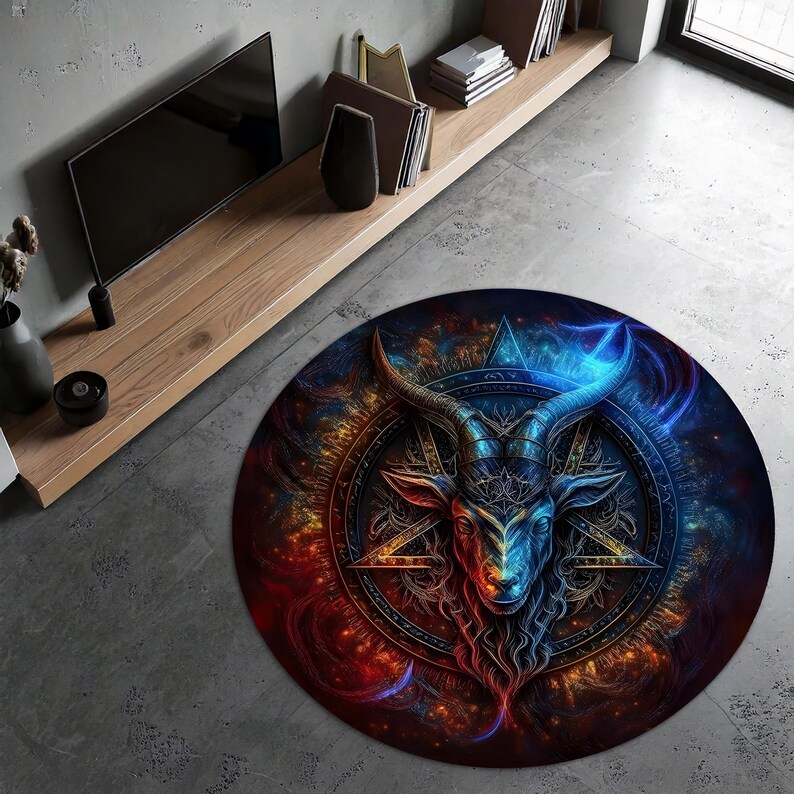 Red and Blue Devil Goat Round Rug | Mystical Goat Demon Carpet ...