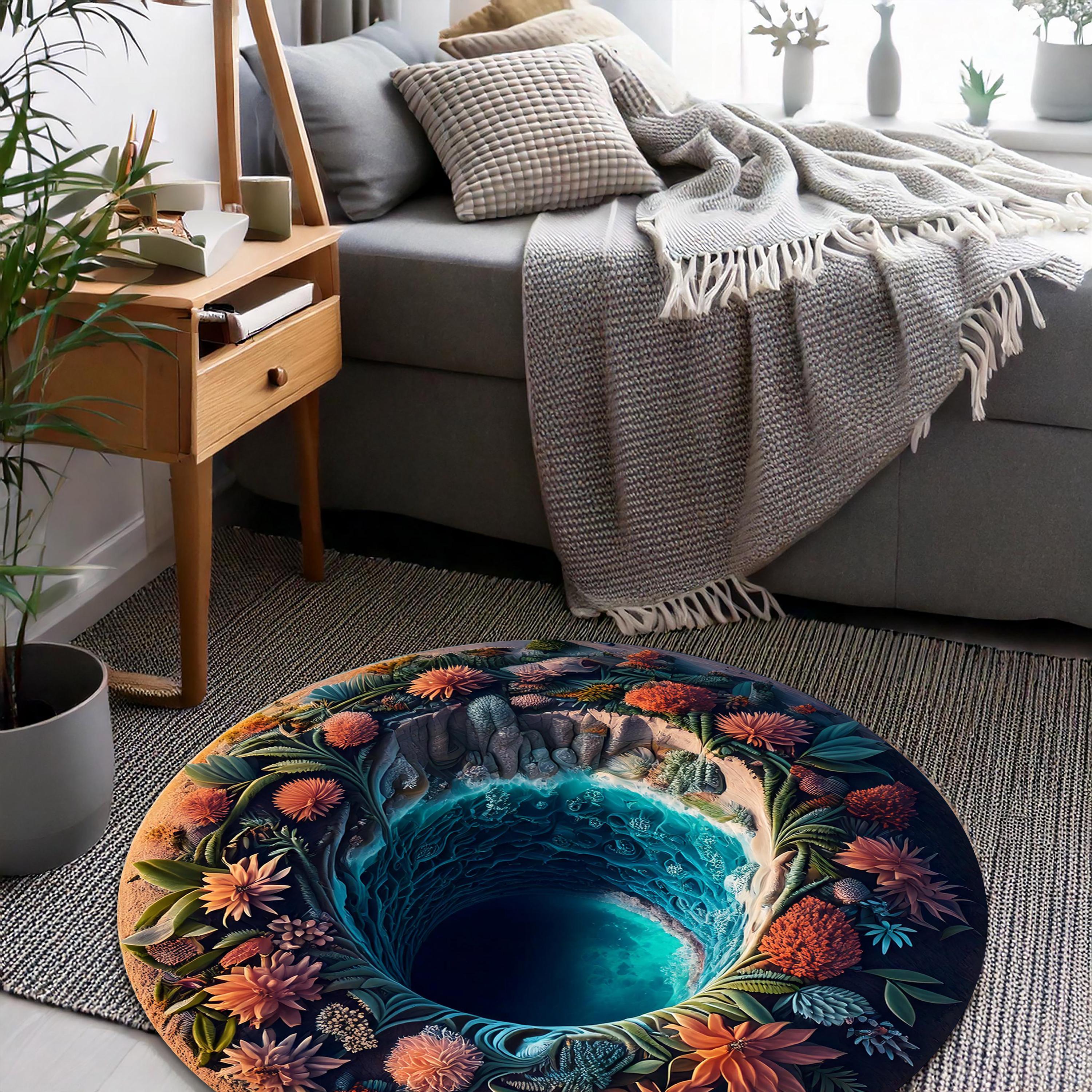Ocean Hole Rug With Floral Border | Mystical Oceanic Design | Round ...