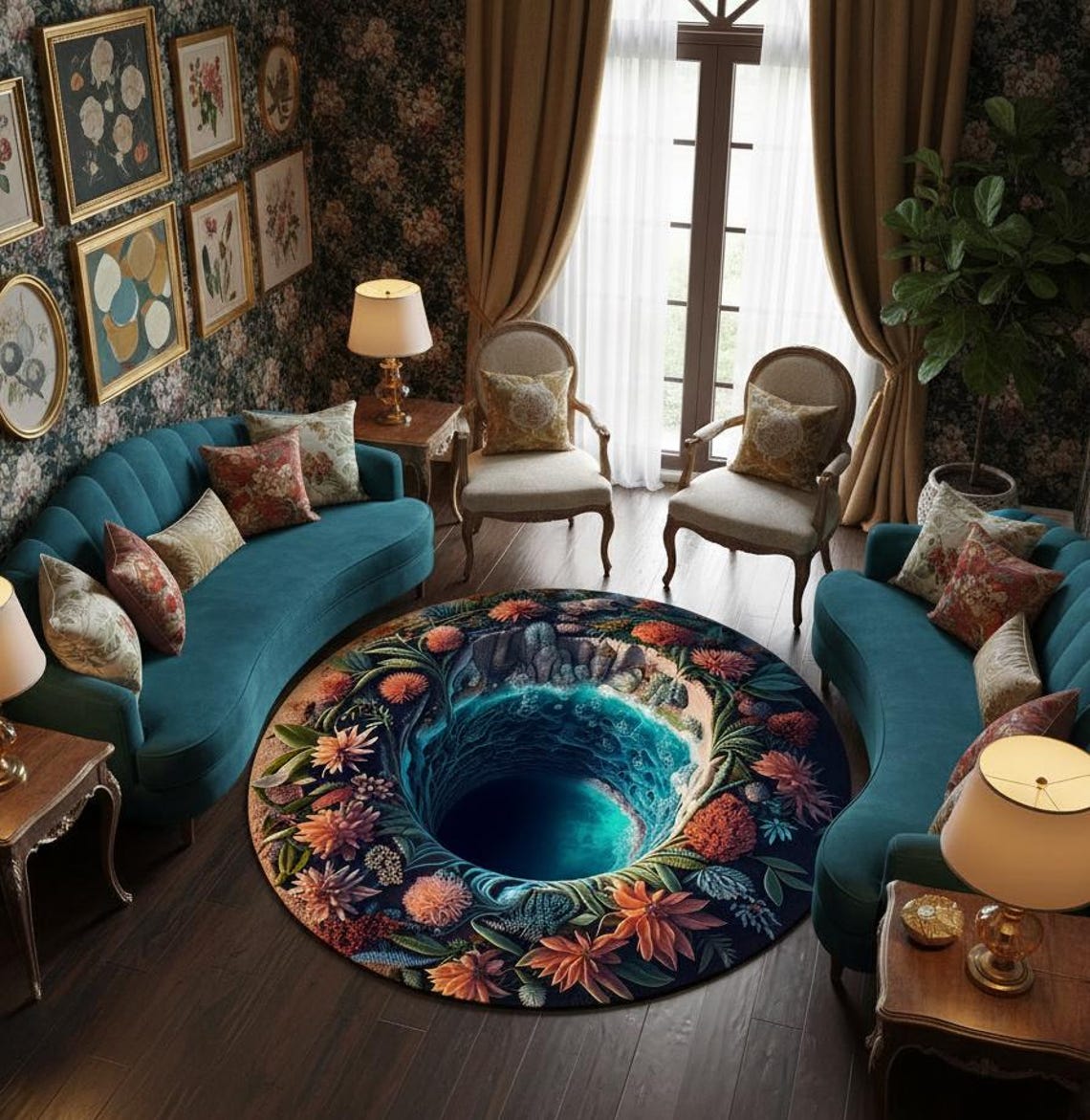 Ocean Hole Rug With Floral Border | Mystical Oceanic Design | Round ...