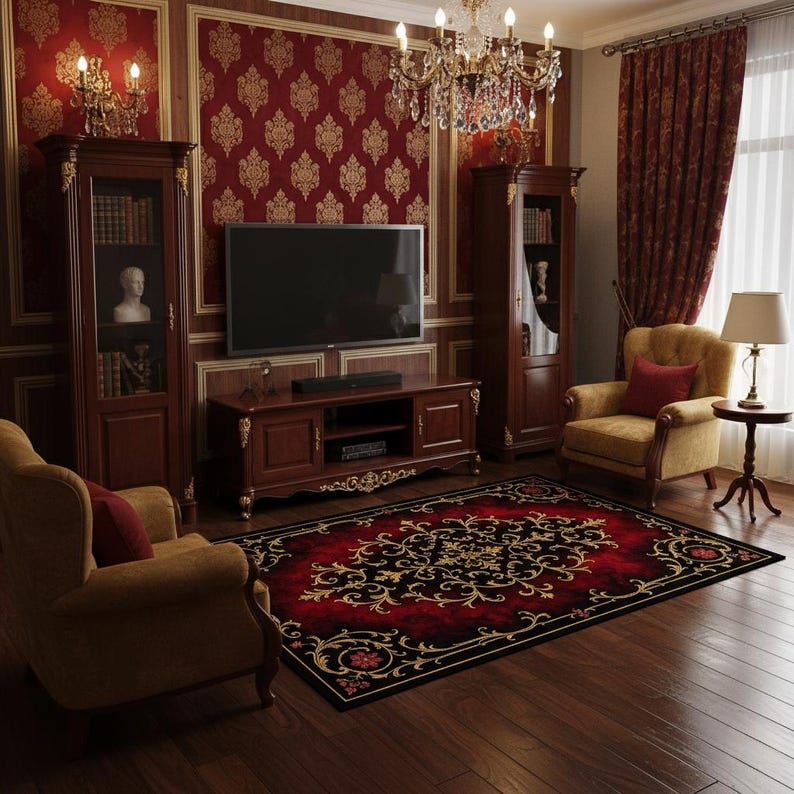 Baroque Red Black Rug, Gothic Carpet, Elegant Victorian Area Rug ...