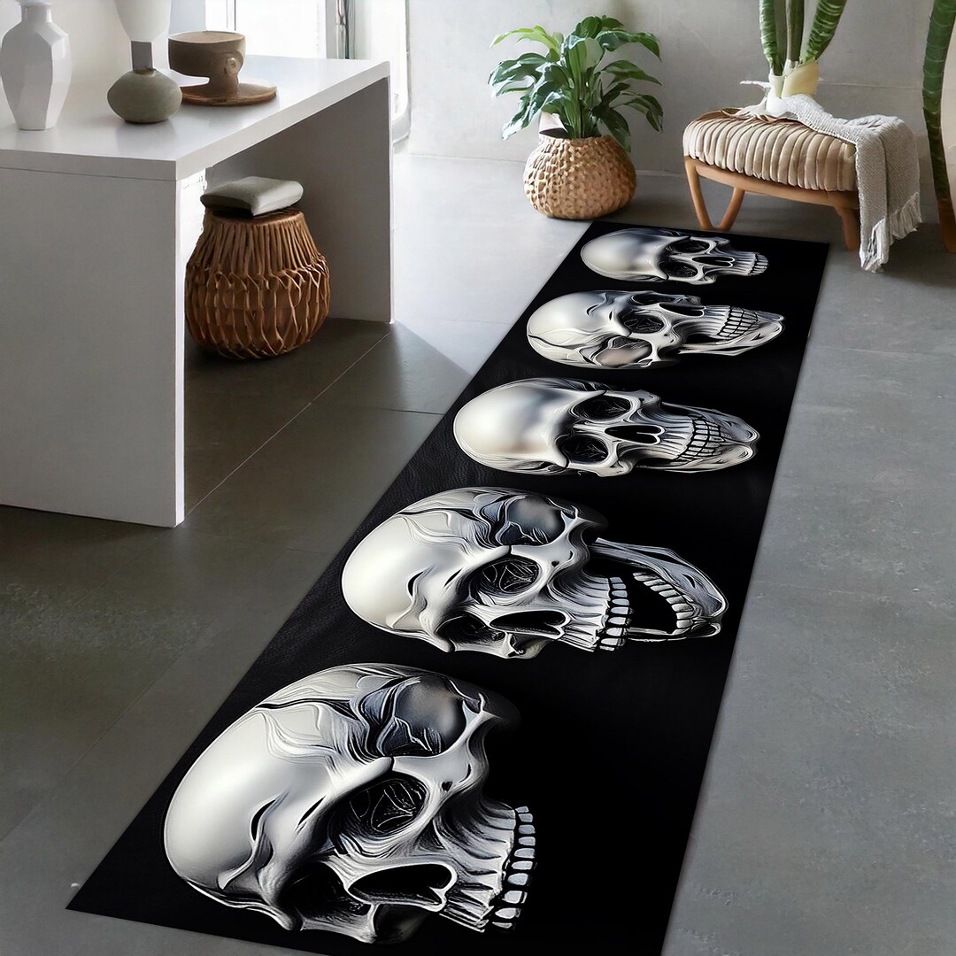 Black and White Skull Runner Rug | Monochrome Skull Carpet | Gothic ...