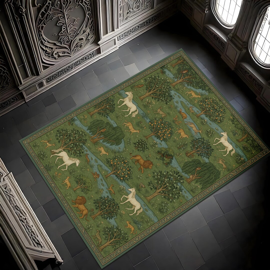 Enchanted Forest Unicorn and Lion Rug – Medieval Fantasy Green Carpet ...