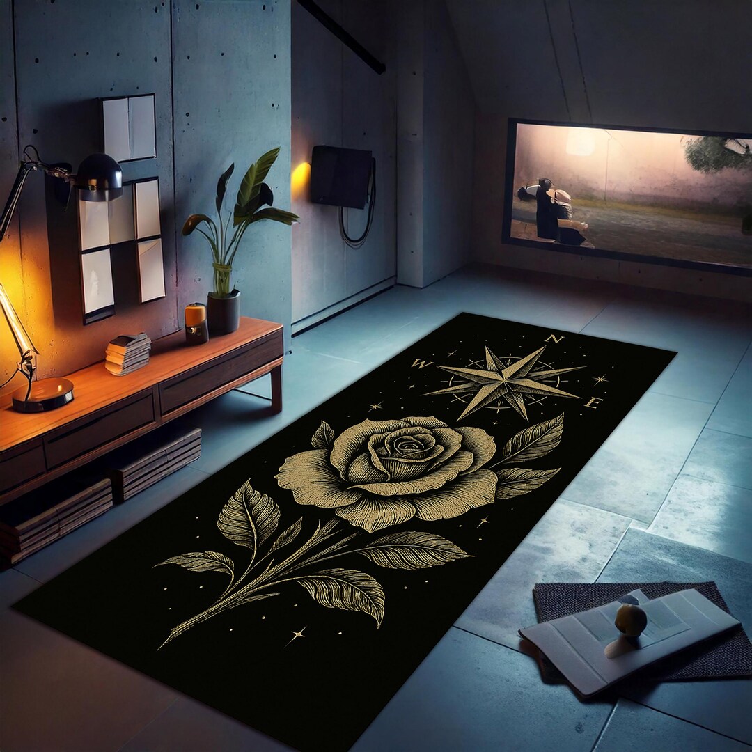 Golden Rose and Compass Black Runner Rug – Elegant Floral Design With ...