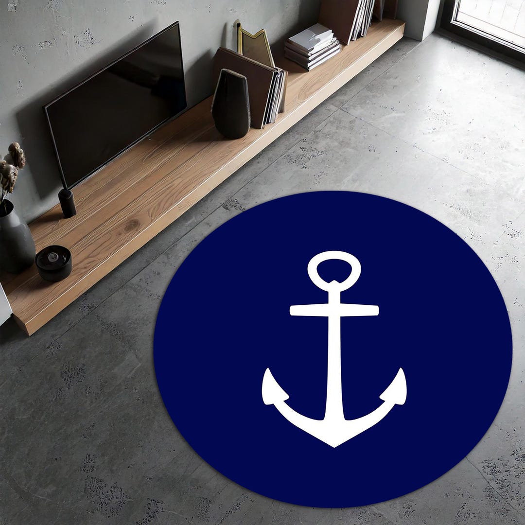 Ocean Blue Anchor Round Rug | Nautical Themed Carpet | Marine Style ...