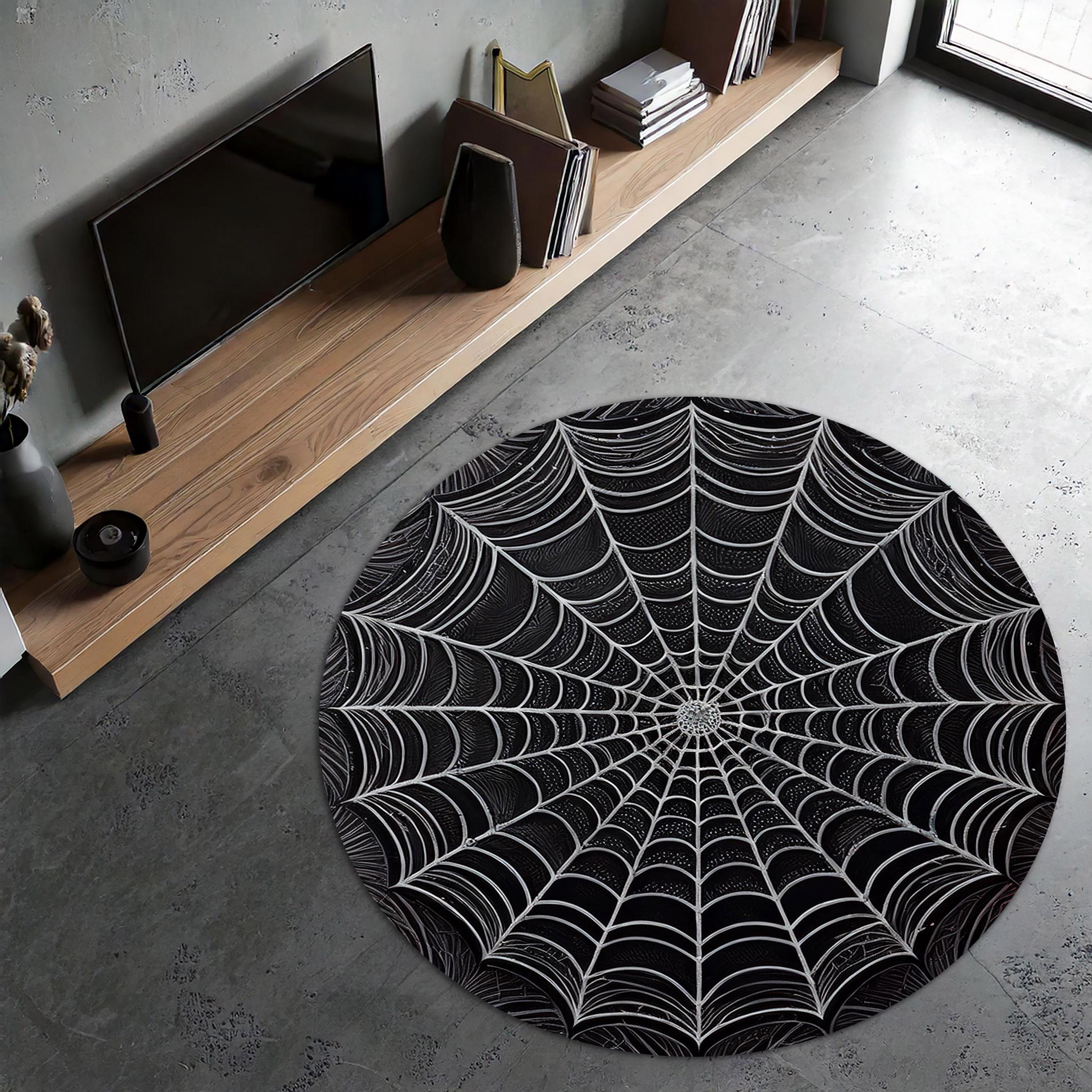 Spider Web Round Rug | Black Background With Web Design Carpet | Creepy ...