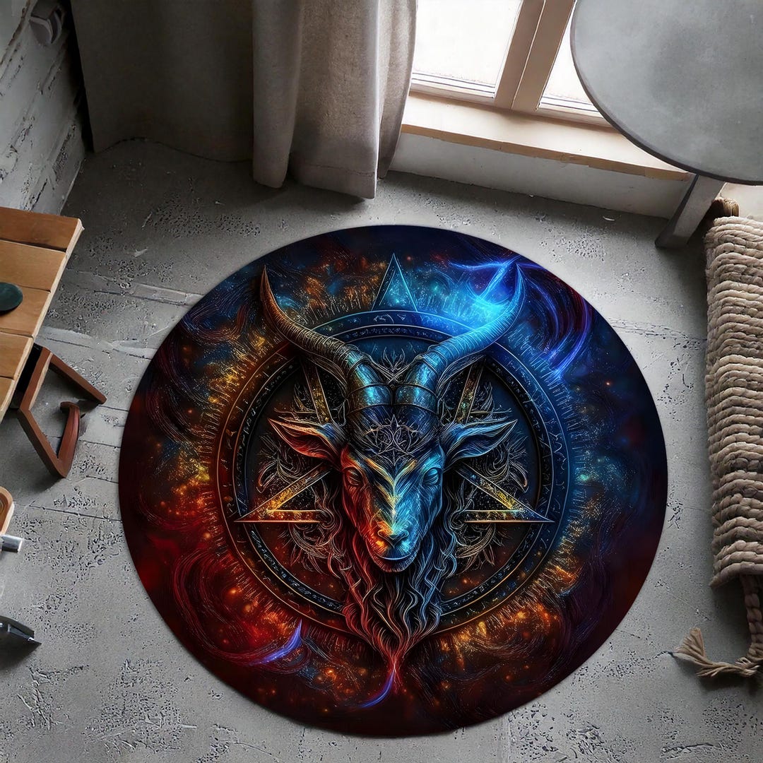 Red and Blue Devil Goat Round Rug | Mystical Goat Demon Carpet ...