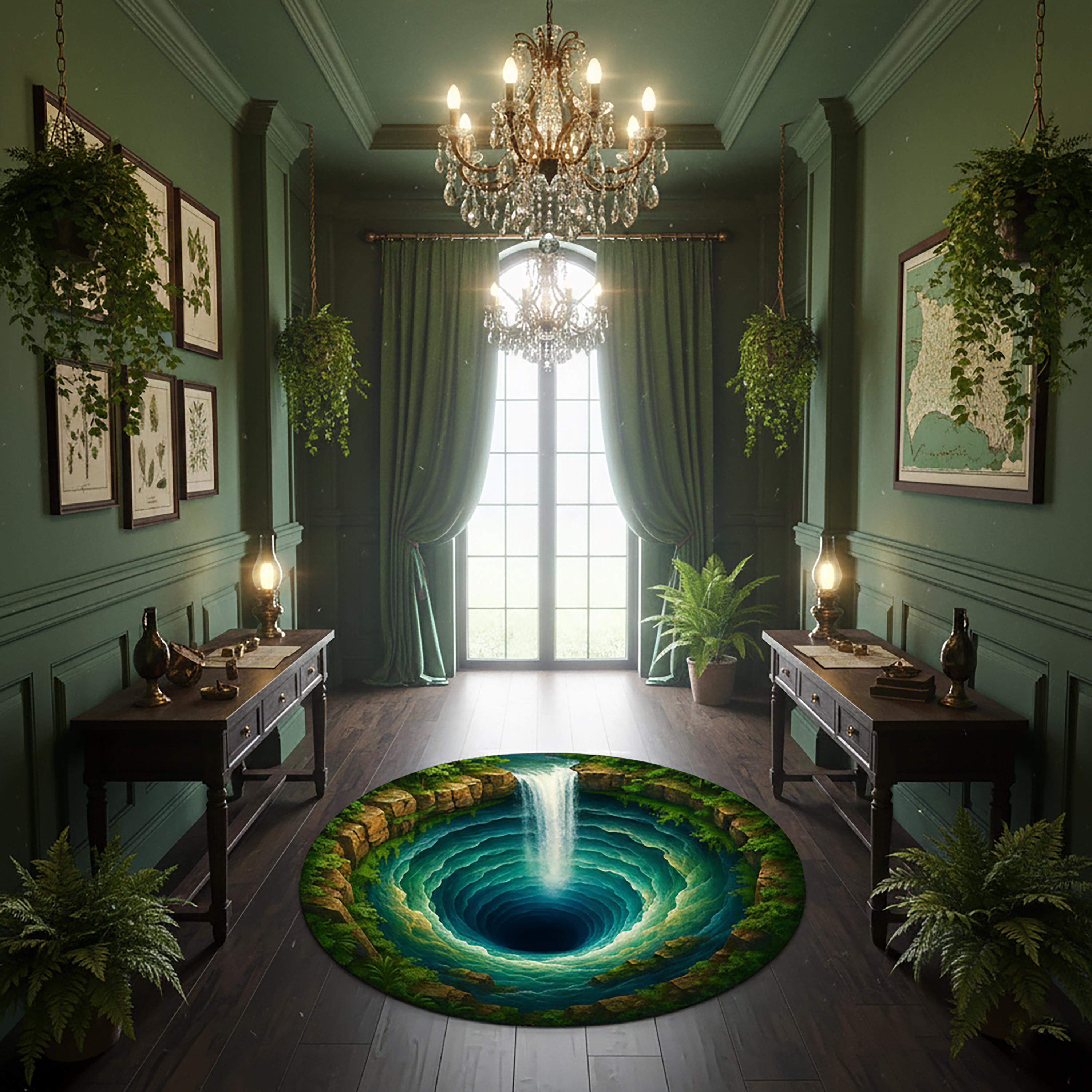 3D Waterfall Illusion Round Rug, Optical Depth Cave Carpet, Nature ...