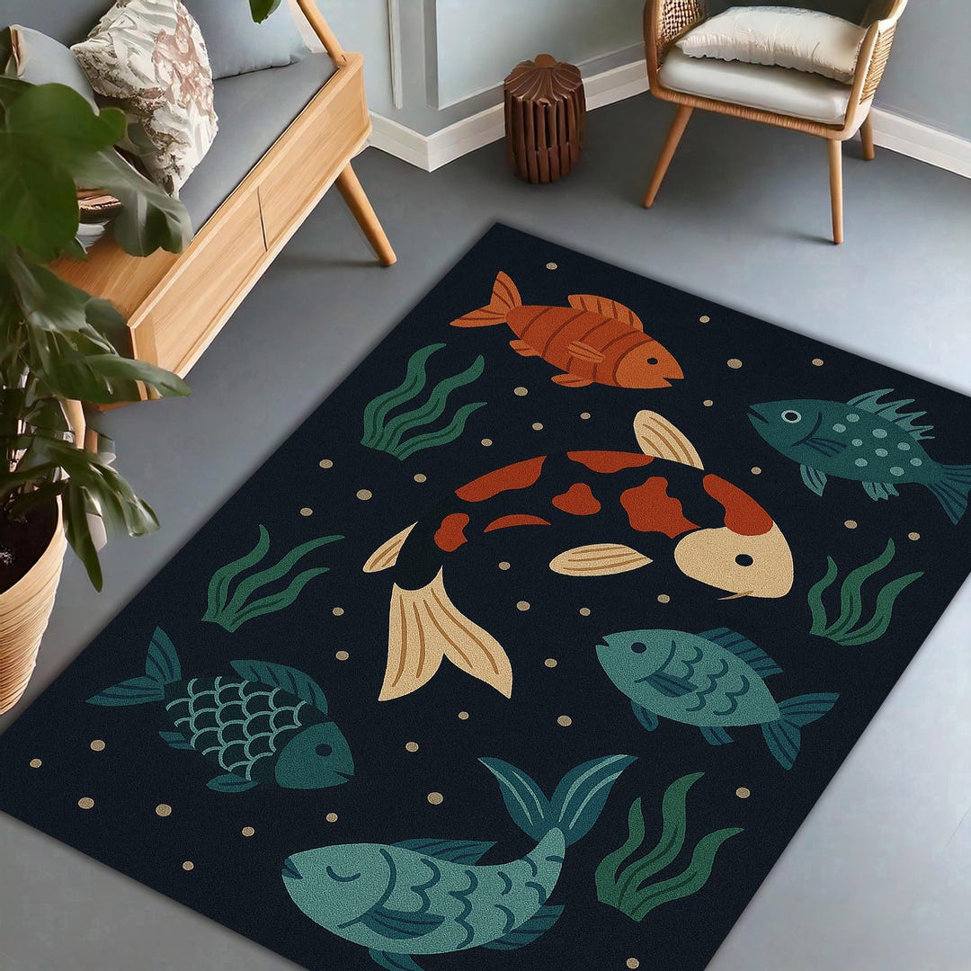 Koi Fish Rug, Japanese Inspired Carp Area Rug, Bohemian Ocean Floor Mat ...