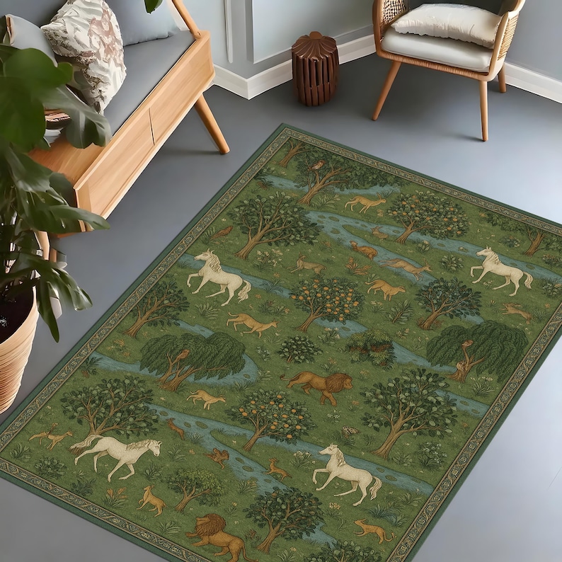 Enchanted Forest Unicorn and Lion Rug – Medieval Fantasy Green Carpet ...