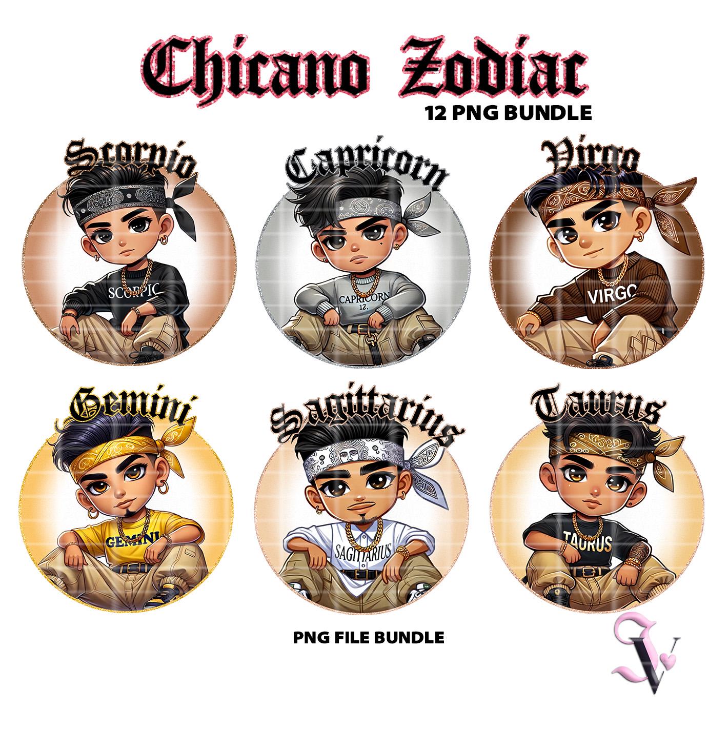 Chicano Horoscopes PNG English Bundle Zodiac Old School Cholo Chibi ...
