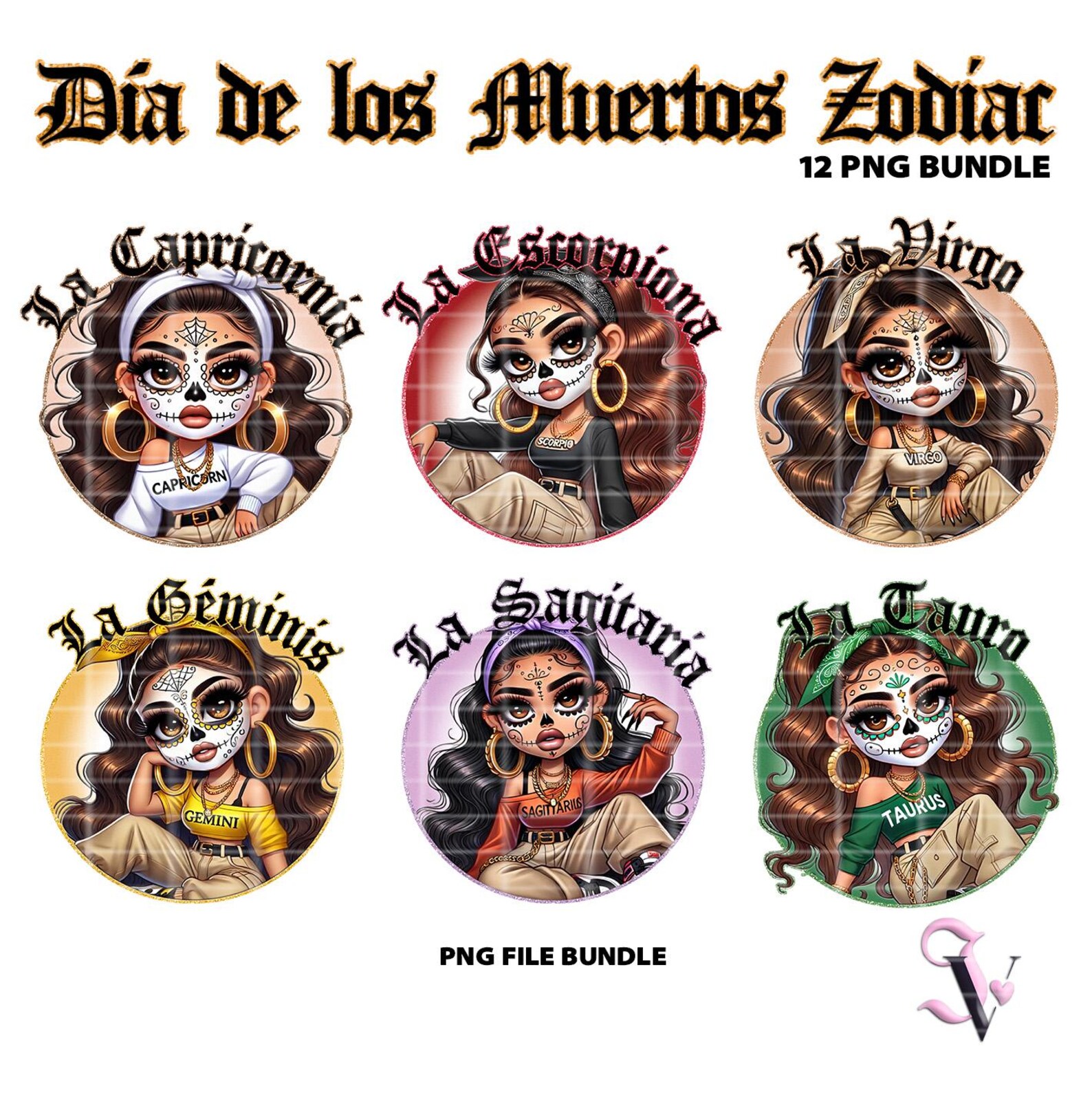 Día De Los Muertos Zodiac PNG Bundle: Chicana La Catrina Chibi (digital ...