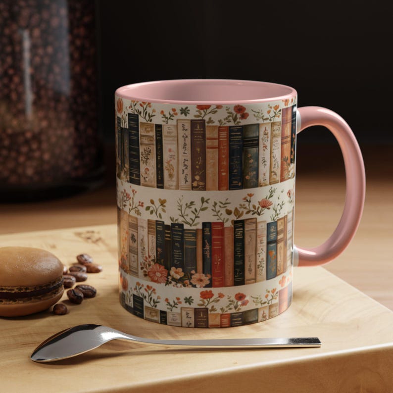 Vintage Bookshelf Library Pottery Mug Book Lover Gift, Floral Bookish ...