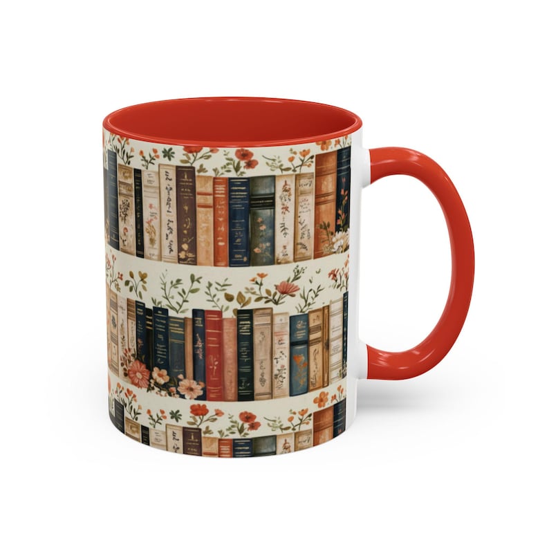 Vintage Bookshelf Library Pottery Mug Book Lover Gift, Floral Bookish ...