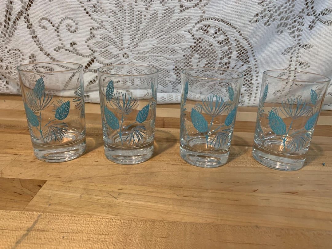 Set of 4 Mid Century Turquoise and Gray Pinecone Design Juice Glasses ...